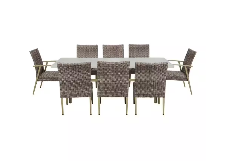 Solace Hill 9-Piece Padded Wicker Outdoor Dining Set – Prestige Patio