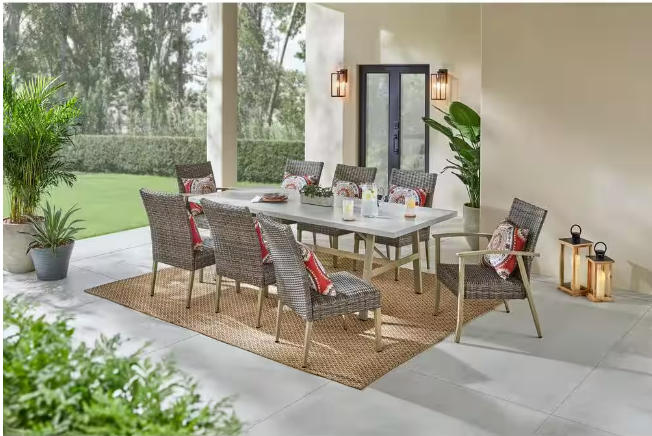 Solace Hill 9-Piece Padded Wicker Outdoor Dining Set – Prestige Patio