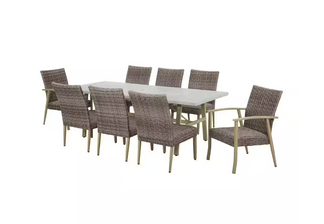 Solace Hill 9-Piece Padded Wicker Outdoor Dining Set – Prestige Patio